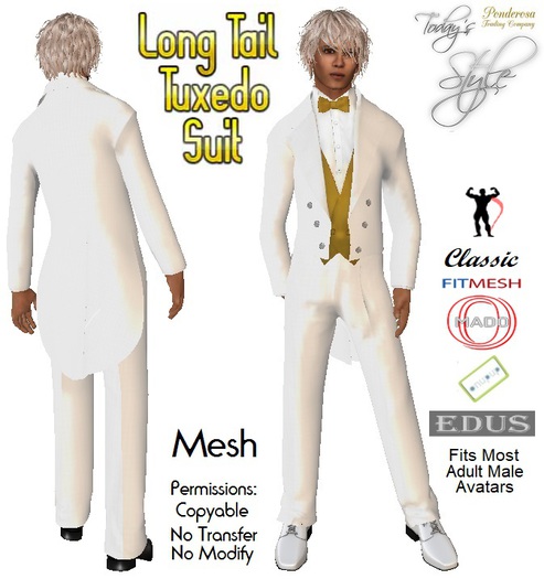 Second Life Marketplace - PTC Long Tail Tuxedo Suit - White (Gold)
