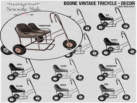 Second Life Marketplace - Serenity Style-Boone Vintage Tricycle Tandem RARE