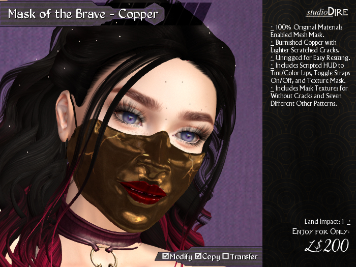 Second Life Marketplace - /studioDire/ Mask of the Brave - Copper