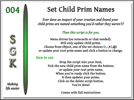 Second Life Marketplace - SGK Scripts. 004 Set Child Prim Names. Menu ...