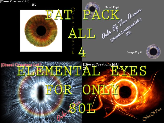 Second Life Marketplace - [Diesel Creations Ltd.] Elemental Eyes Fat Pack