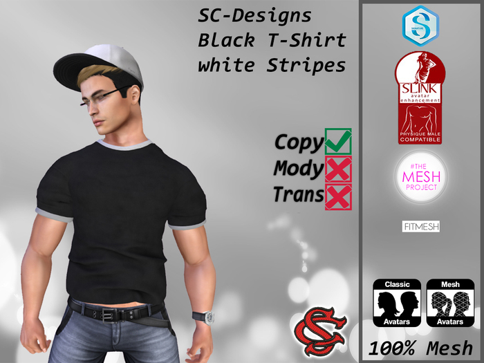 Second Life Marketplace - SC-Designs Black white Stripes T-Shirt