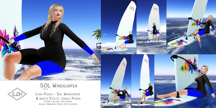 Second Life Marketplace - Lush Poses - Sol Windsurfer - Female Pose Pack