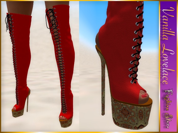 Second Life Marketplace Lovelace Overknee Corset Leather Boots Red