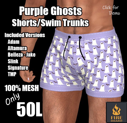 Second Life Marketplace - [Fire Brand] DEMO Purple Ghosts Shorts - 100% Mesh - boxed