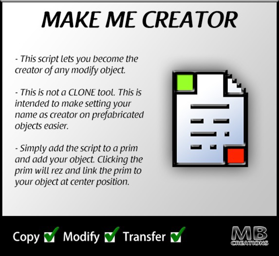 Second Life Marketplace - Make Me Creator Script
