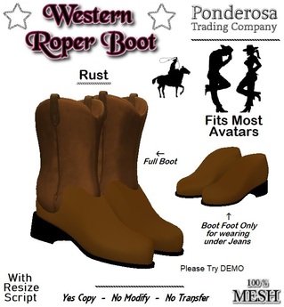 Second Life Marketplace - Western Roper Boot [MESH] Rust