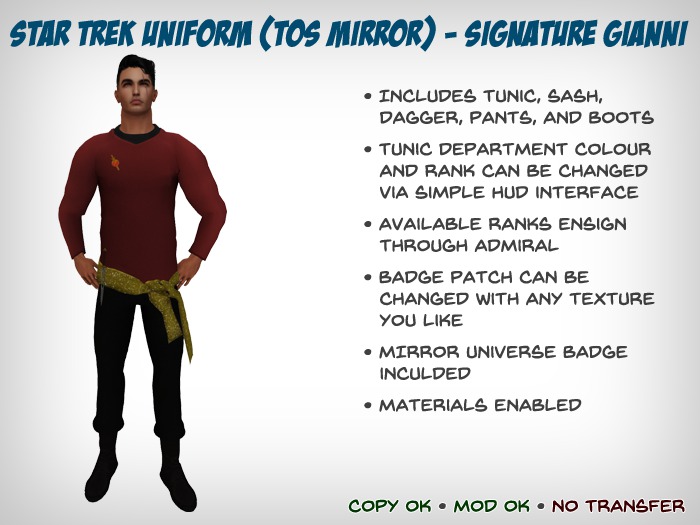 Second Life Marketplace - Star Trek Uniform - Male (TOS Mirror Universe ...