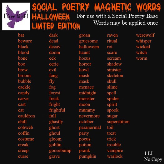 Second Life Marketplace - [ free bird ] LE Social Poetry Magnetic Word ...