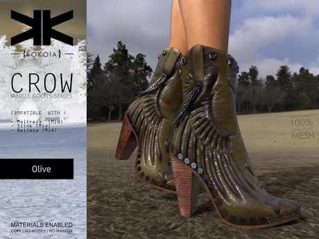 Second Life Marketplace - Crow :: Ankle Boots :: Olive :: {kokoia}