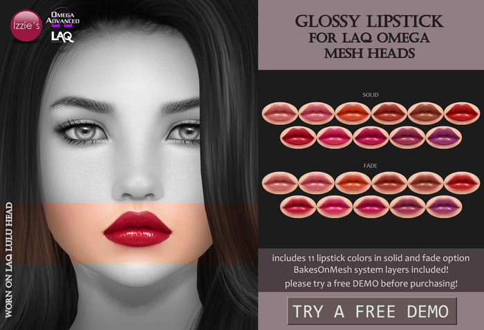 Second Life Marketplace - Izzie's - DEMO Glossy Lipstick (LAQ Omega)