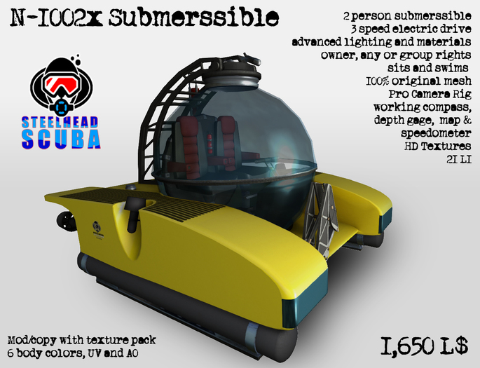 Second Life Marketplace - STEELHEAD SCUBA N-1002x 2 PERSON SUBMERSIBLE