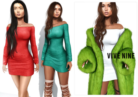Second Life Marketplace - .: vive nine :. Ribbed OffShoulder Mini - Emerald