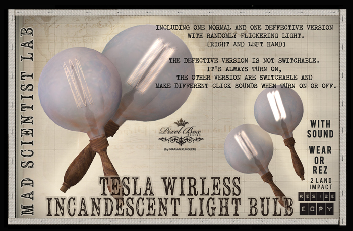Second Life Marketplace - PIXEL BOX - Tesla wirless Incandescent light bulb