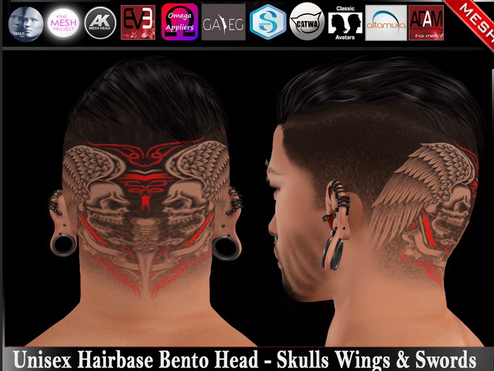 Second Life Marketplace - Unisex Hairbase Bento Head - Skulls Wings ...