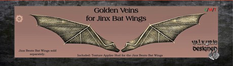 Second Life Marketplace - Valkyrie Designed Gold Veins Jinx Bento Bat Wings