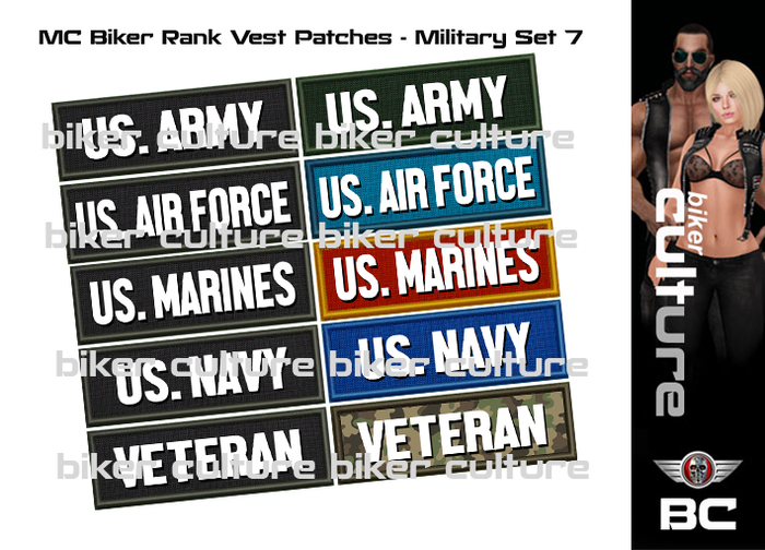 Second Life Marketplace - MC Biker Rank Vest Patches - Military - Set 7