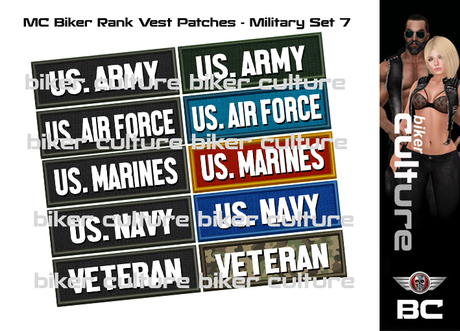 Second Life Marketplace - MC Biker Rank Vest Patches - Military - Set 7