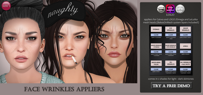 Second Life Marketplace - Izzie's - DEMO Face Wrinkles Appliers