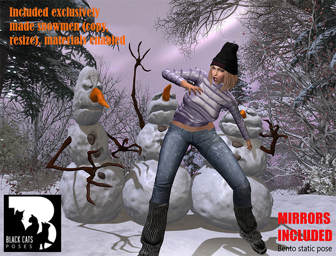 Second Life Marketplace - Black Cats poses - Snowmen Attack! 1 + mirror