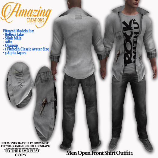 Second Life Marketplace - AmAzInG CrEaTiOnS Men Open Front Shirt Outfit 1