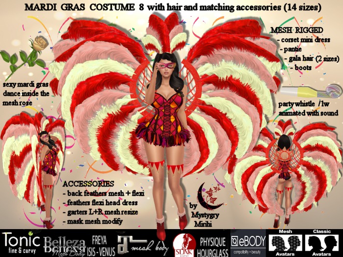 Second Life Marketplace Mardi Gras Costume 8 With Hair Boots Panties Mesh Rigged And Flexi