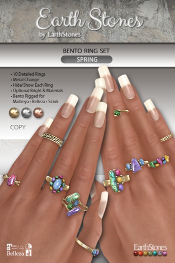 Second Life Marketplace - Earth Stones by EarthStones Bento Rings ~ Spring