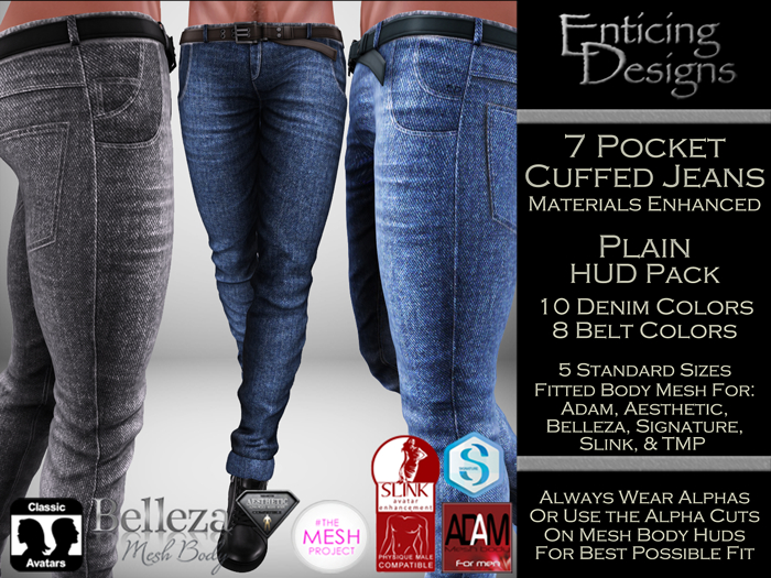 Second Life Marketplace - *ED HUD Pack Men's 7 Pocket Cuffed Jeans Plain