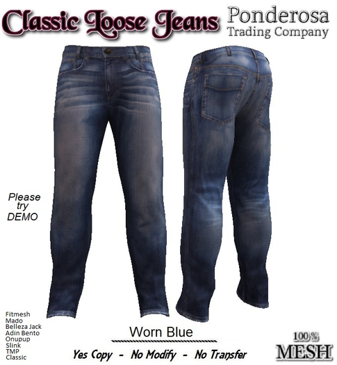 Second Life Marketplace - Classic Loose Jeans - Worn Blue