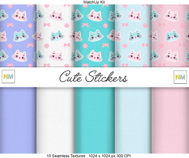 Second Life Marketplace - Cute Stickers MatchUp Kit 10 Seamless Textures NM
