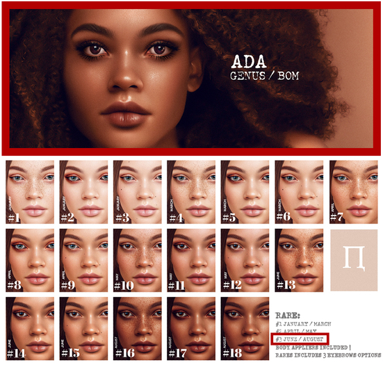 Second Life Marketplace - RARE 3 ---ADA SKIN SET --- JUNE / AUGUST