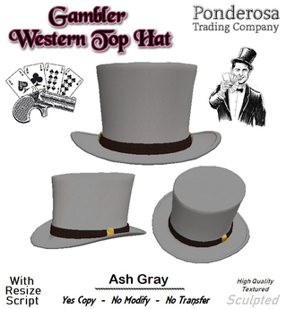 Second Life Marketplace - Gambler Western Top Hat - Ash Gray