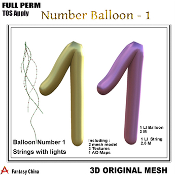 Second Life Marketplace - Full Perm Mesh Number Balloon & strings Mega ...
