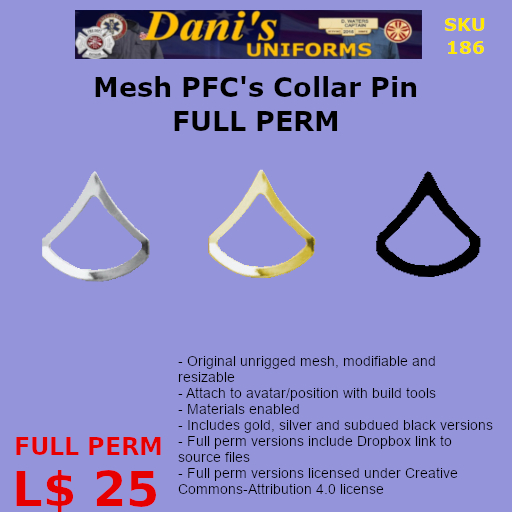 Second Life Marketplace - Mesh PFC's Collar Pin FULL PERM