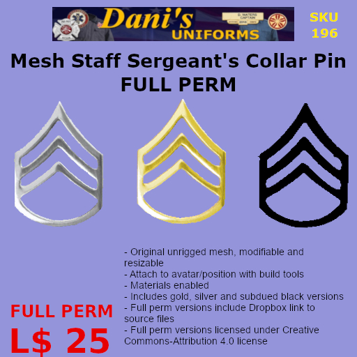 Second Life Marketplace - Mesh Staff Sergeant's Collar Pin FULL PERM