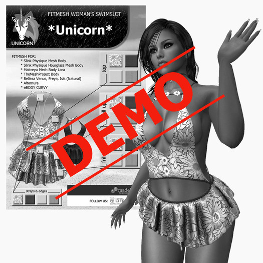 Second Life Marketplace Unicorn Flowers Fitmesh Swimsuit Woman Demo