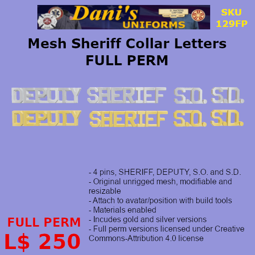 Second Life Marketplace - Sheriff/Deputy/S.D./S.O. Collar Letters FULL PERM