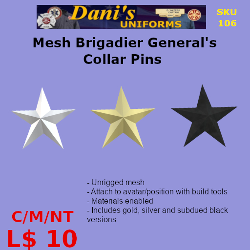 Second Life Marketplace - Mesh Brigadier General Collar Pins FULL PERM