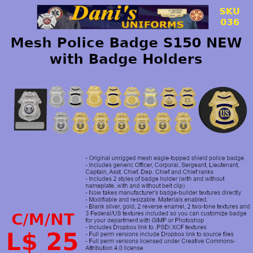 Second Life Marketplace - Mesh Police Badge S150 with Badge Holders NEW