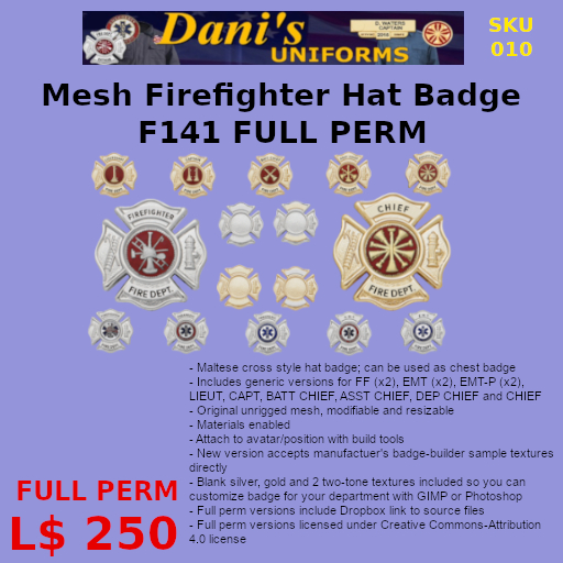 Second Life Marketplace - Mesh Firefighter Hat Badge F141 NEW FULL PERM