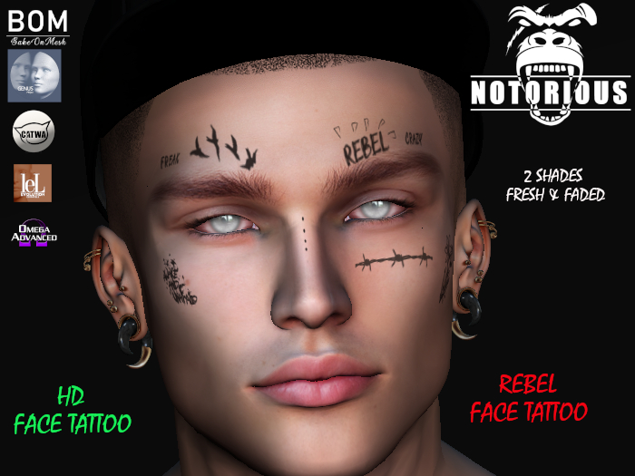 Second Life Marketplace - Notorious - UNISEX Rebel face tattoo Omega ...