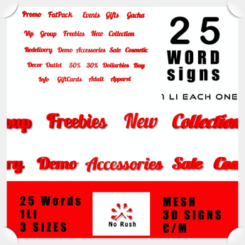 Second Life Marketplace - :::NO RUSH::: 25 Store Word Signs RED PACK