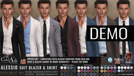 Second Life Marketplace - {COLD-ASH} DEMO Mens ALESSIO Suit Blazer & Shirt