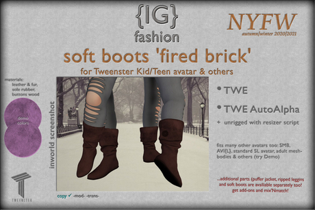 Second Life Marketplace - {IG} fashion soft boots-fired_brick-TWE+ [wear]