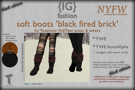Second Life Marketplace - {IG} fashion soft boots-blk_firedbrick-TWE+ ...