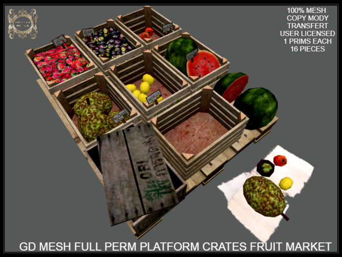 Second Life Marketplace - GD MESH FULL PERM PLATFORM CRATES FRUIT MARKET