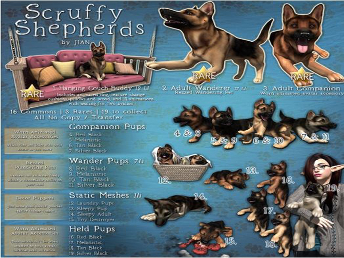 Second Life Marketplace - JIAN Scruffy Shepherds BOX 18. Held Pup Tan Black