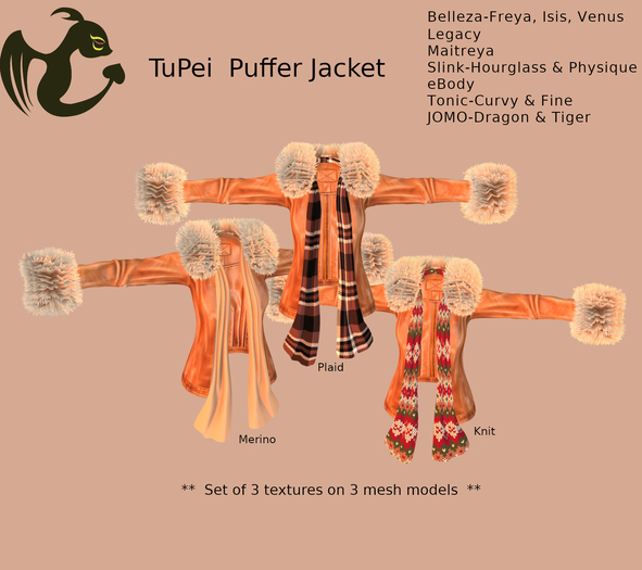 Second Life Marketplace - TuPei Puffer Jacket - Set of 3 for Belleza-Freya