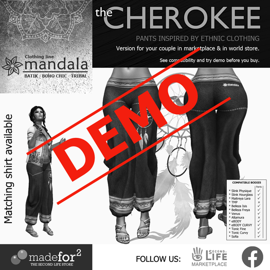 Second Life Marketplace - **MANDALA Cherokee** Pants Fitmesh Demo
