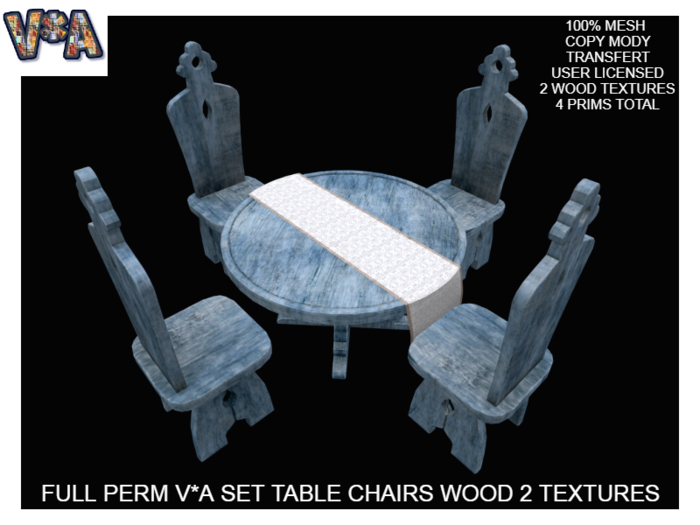Second Life Marketplace - FULL PERM V*A SET TABLE CHAIRS WOOD 2 TEXTURES